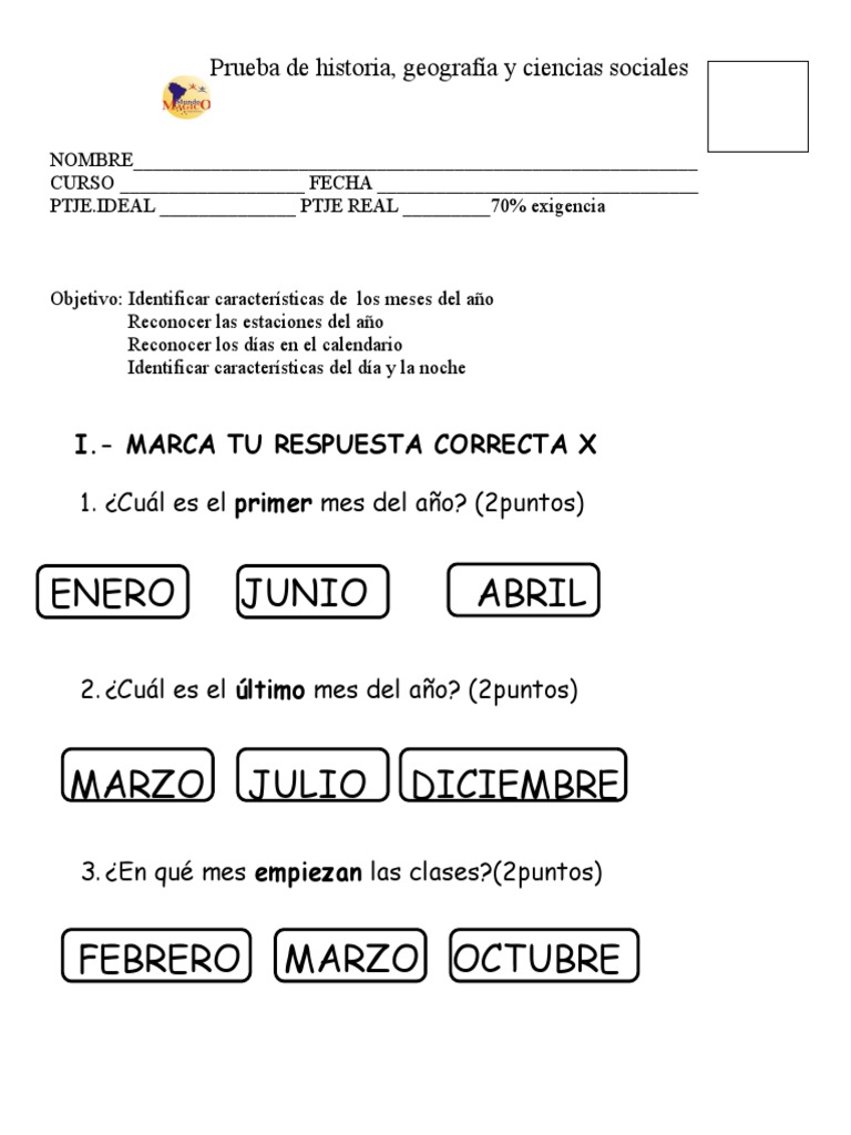 Prueba Meses Dias Y Estaciones Del Año 1er Año Pdf