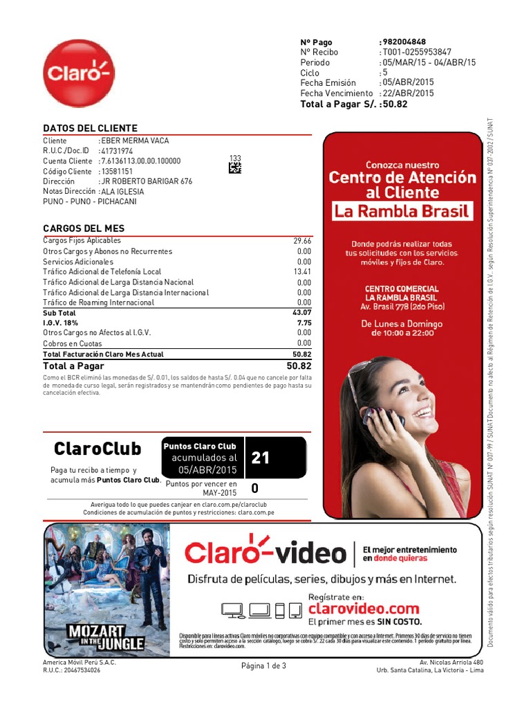 Recibo Claro: Detalle Facturación 2015 | PDF | Telefonía móvil ...