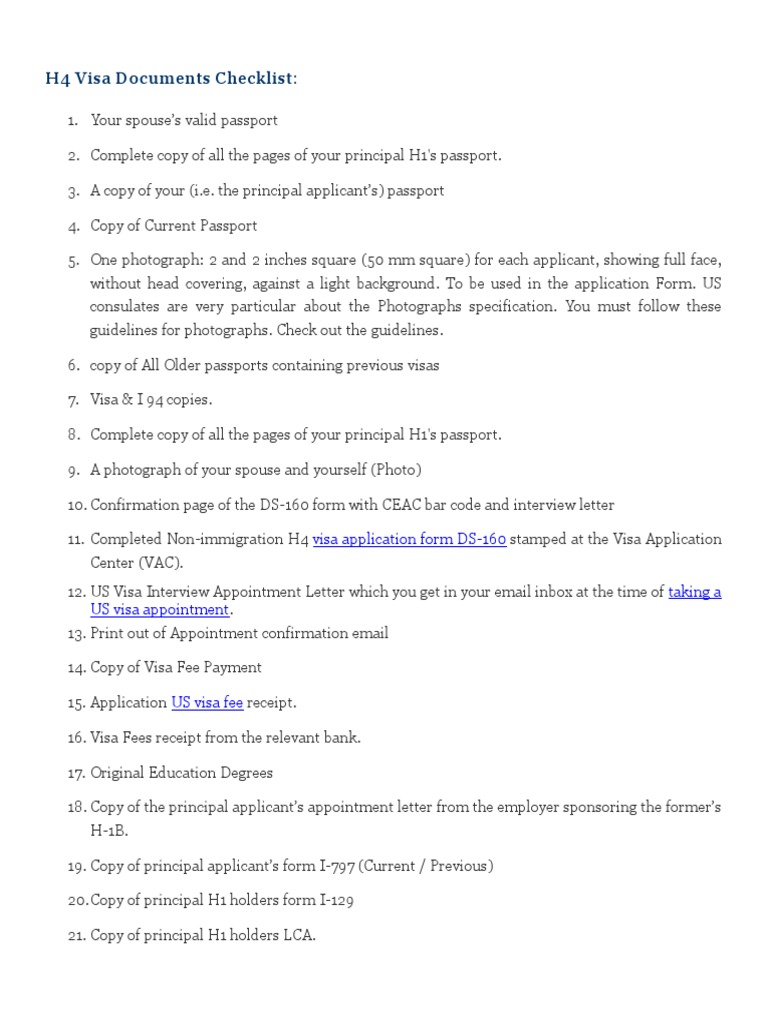 H4 Visa Documents Checklist:: Visa Application Form DS-160 | PDF | Law