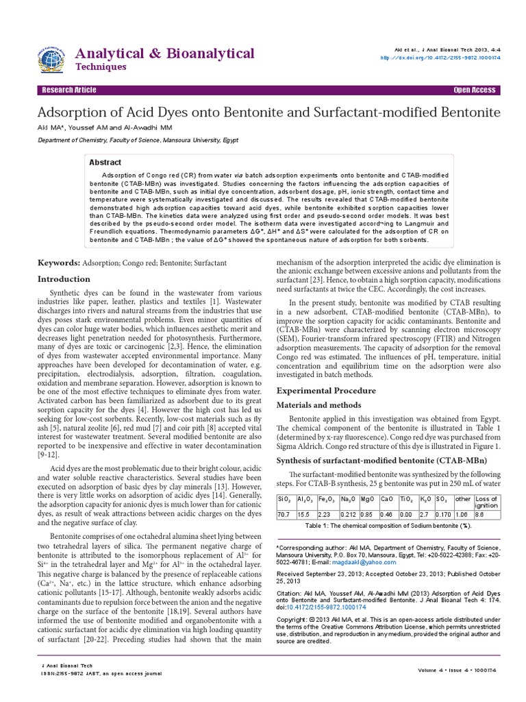 Adsorption of Acid Dyes Onto Bentonite and Surfactant Modified ...