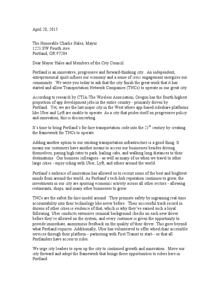 TNC Letter To PDX Mayor April 20 | PDF | Portland | Uber (Company)