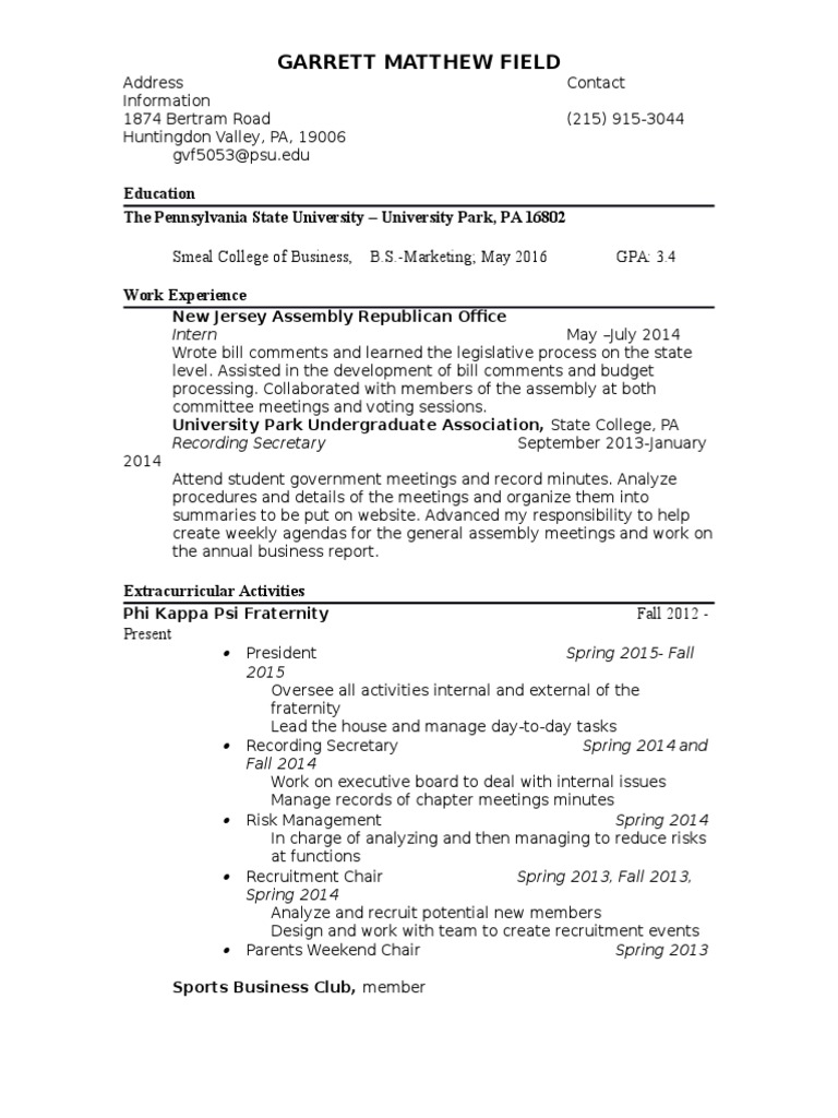 Garrett Field Official Resume | PDF | Pennsylvania State University