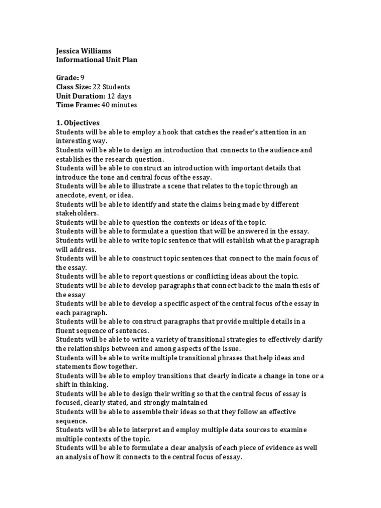 Jessica Williams Informational Unit Plan Grade: 9 Class Size: 22 ...