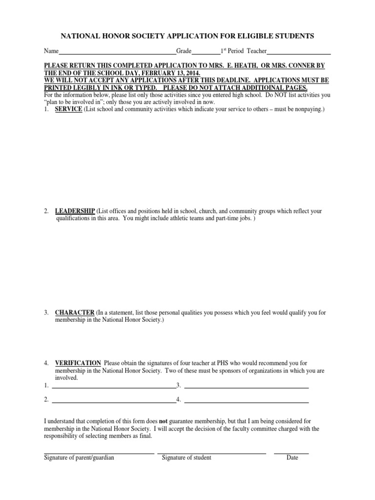 Template National Honor Society Application For Eligible Students | PDF