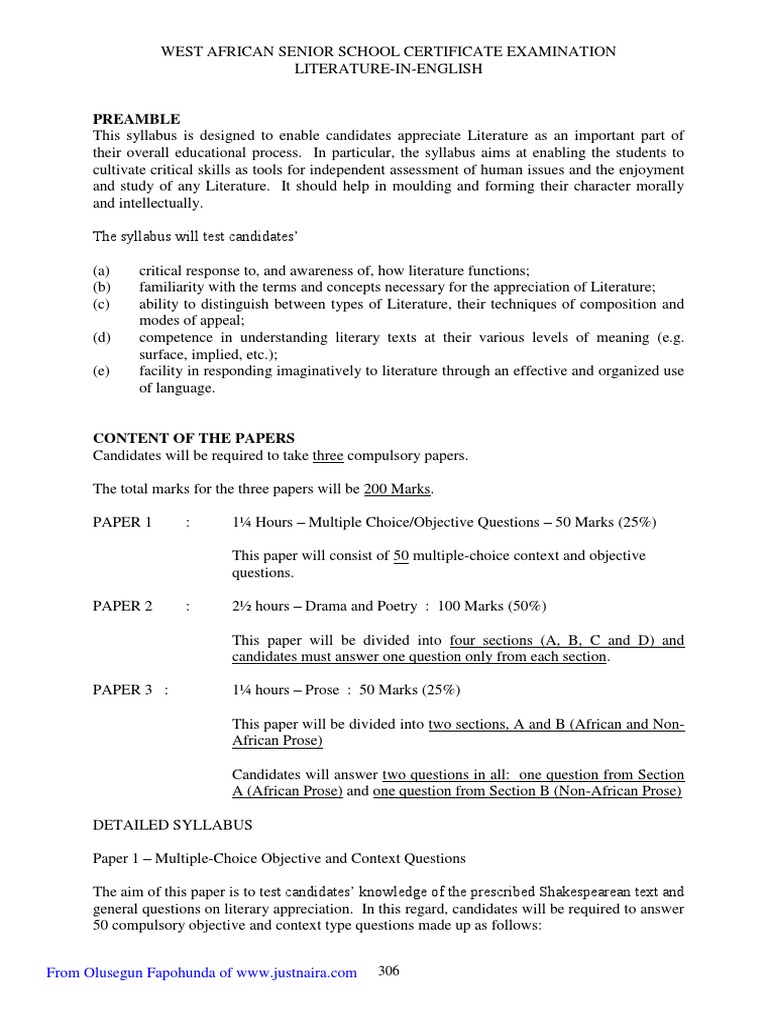 WAEC Literature Syllabus Overview 2025 | PDF | Multiple Choice | Poetry