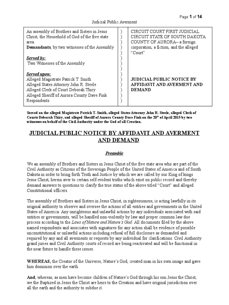 Judicial Public Notice by Affidavit and Averment and Demand | PDF ...