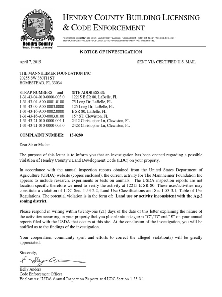 Notice of Investigation: Mannheimer Foundation Inc. | PDF