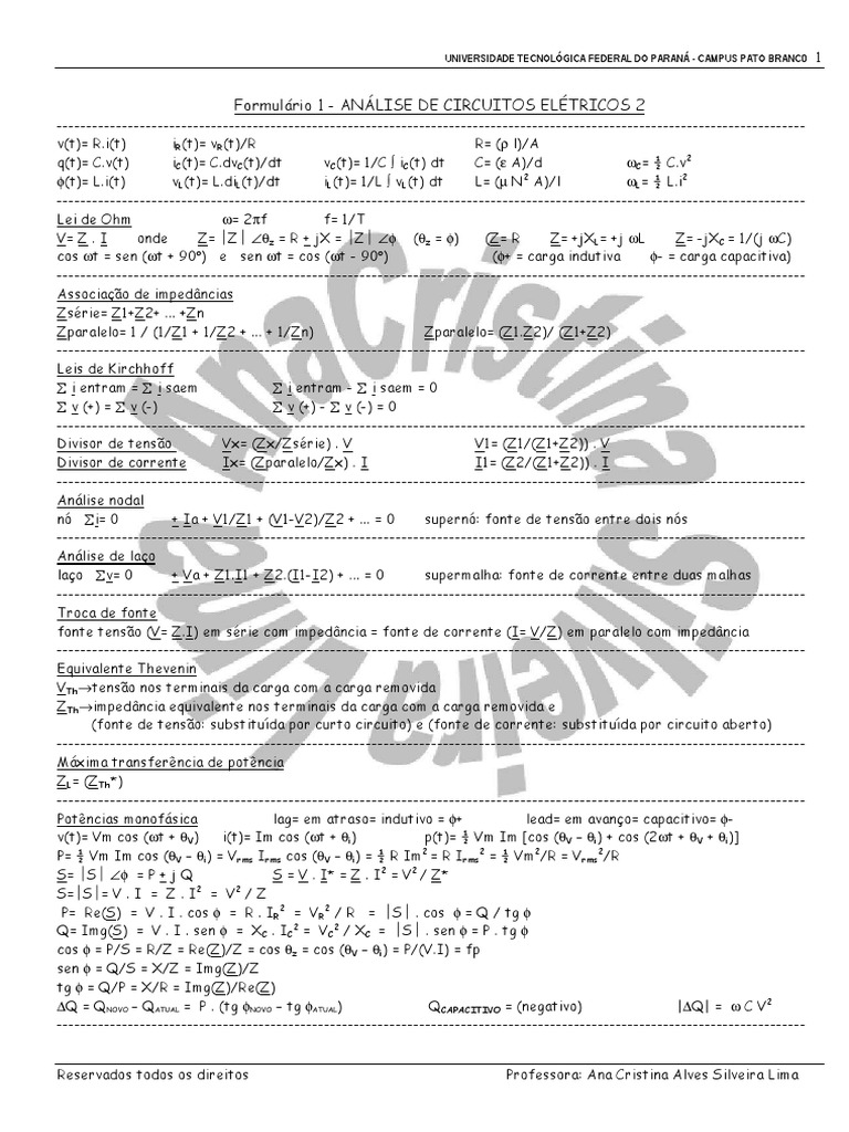 Formulário Analise de Circuitos | PDF
