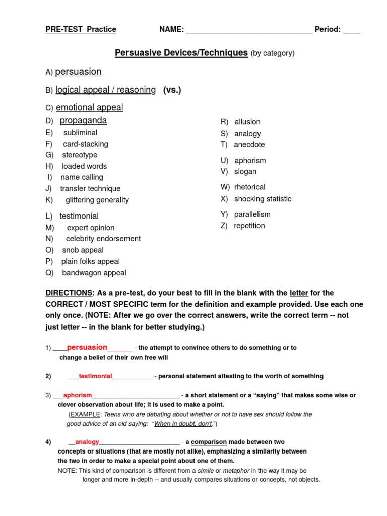 Persuasive Techniques Pre-Test Guide | PDF | Persuasion | Phrase