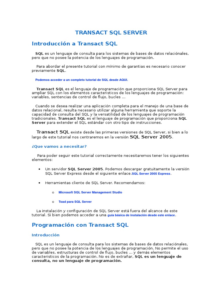 Introducción A Transact SQL | PDF | SQL | Lenguaje de programación