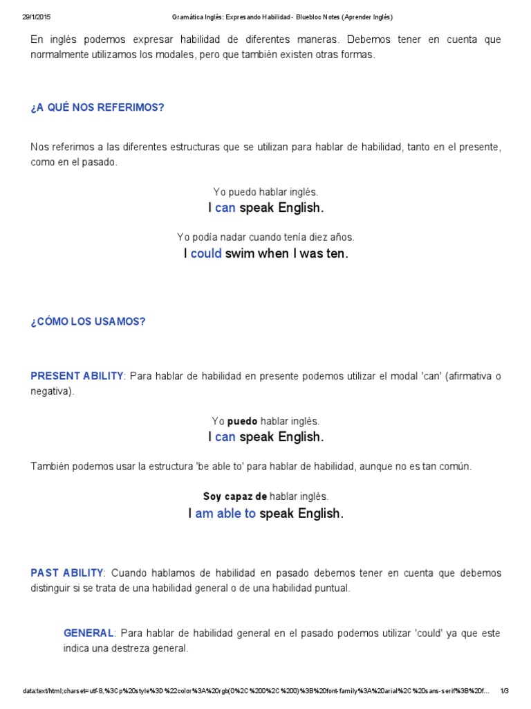 Gramática Inglés - Expresando Habilidad - Bluebloc Notes (Aprender ...