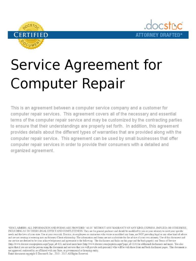 _Service Agreement for Computer Repair.doc | Lawyer | Arbitration