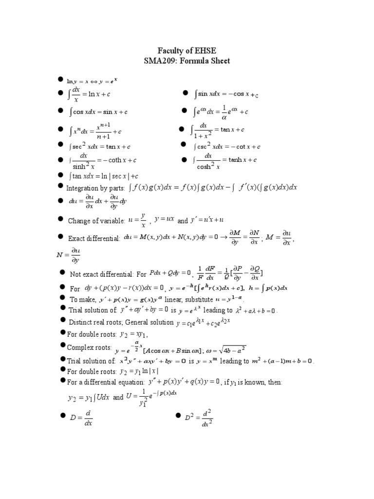 SMA209 ECE 209 Formula Sheet | PDF