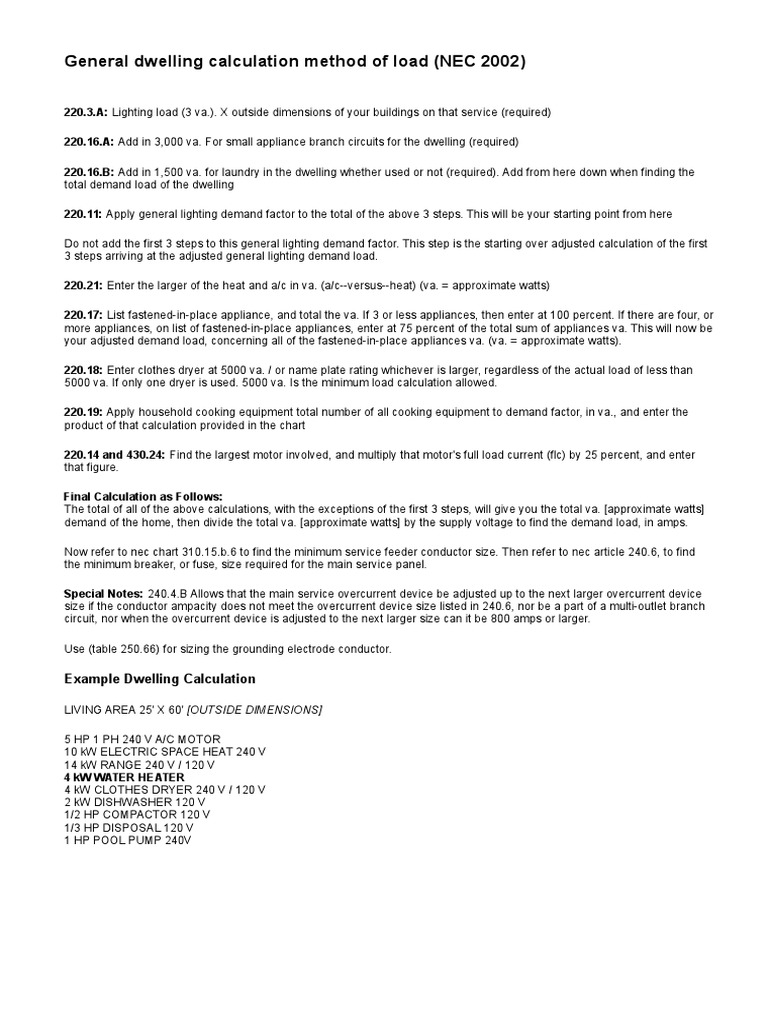 General Dwelling Calculation Method of Load (NEC 2002) | PDF ...