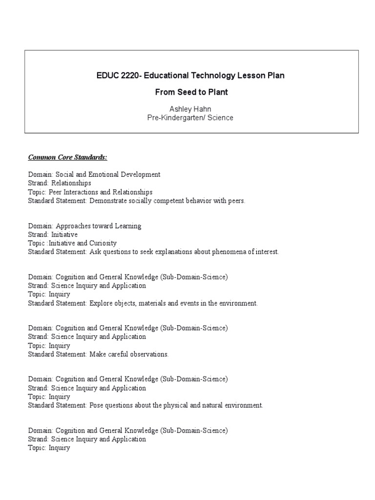 EDUC 2220-Educational Technology Lesson Plan From Seed To Plant | PDF | Lesson Plan | Cognition