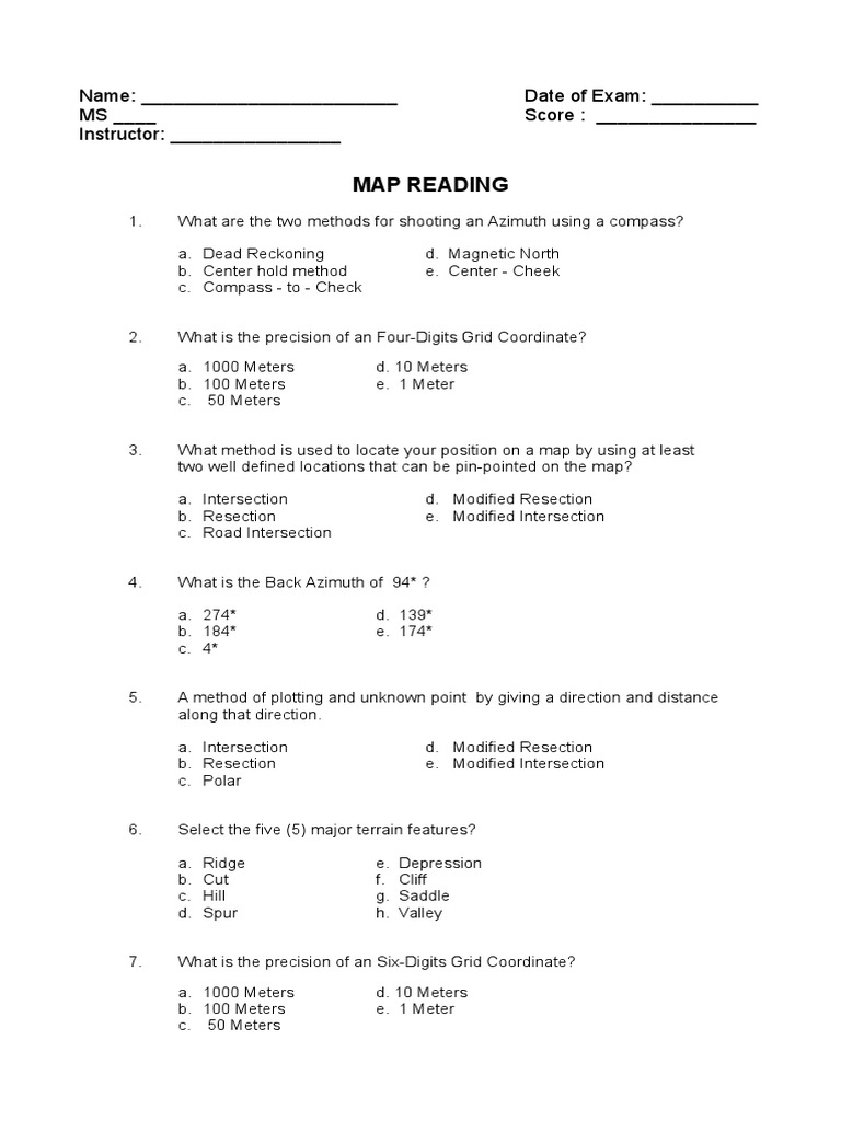 Exam On Map Reading | PDF | Map | Contour Line