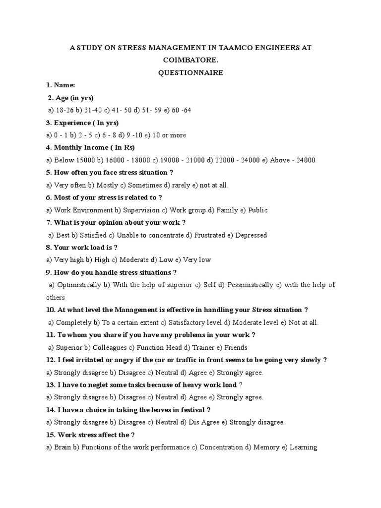 Questionnaire - Stress Management | Relaxation (Psychology) | Stress ...