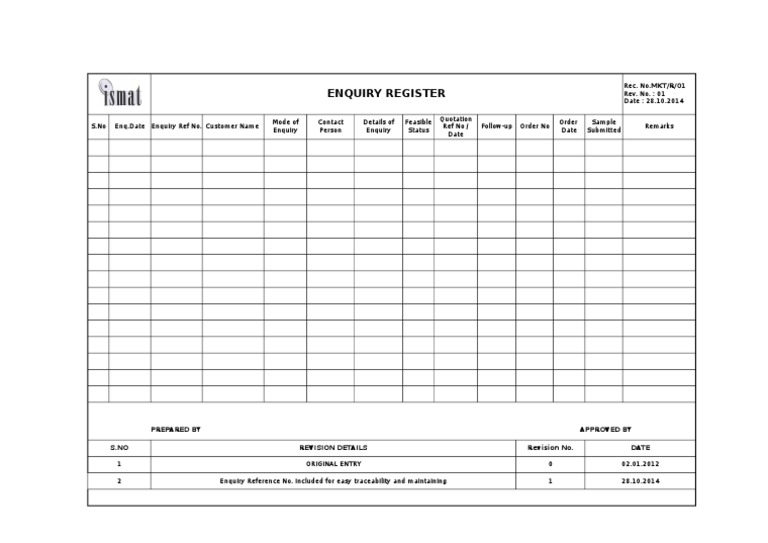 Enquiry Register Template and Format | PDF | Technology & Engineering