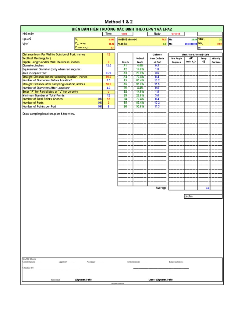 Method 1 & 2 Data Sheet: Biên Bản Hiện Trường Xác Định Theo Epa 1 Và ...