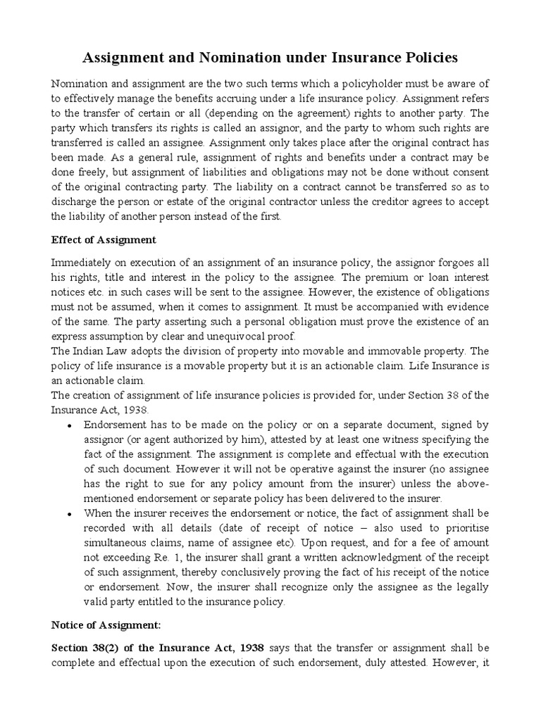 Assignment vs. Nomination in Insurance | PDF | Assignment (Law ...