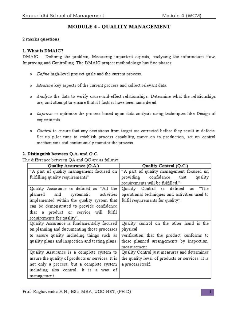 Module 4 - Quality Management: 2 Marks Questions 1. What Is DMAIC? | PDF | Quality Assurance ...