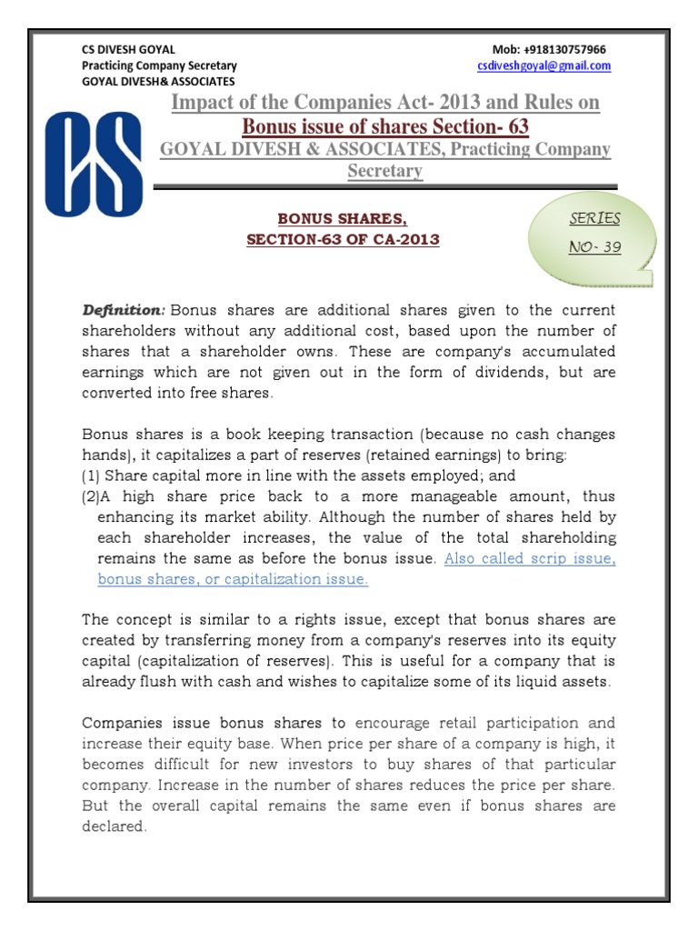 Bonus Issue of Shares - Series - 54 | PDF | Stocks | Dividend