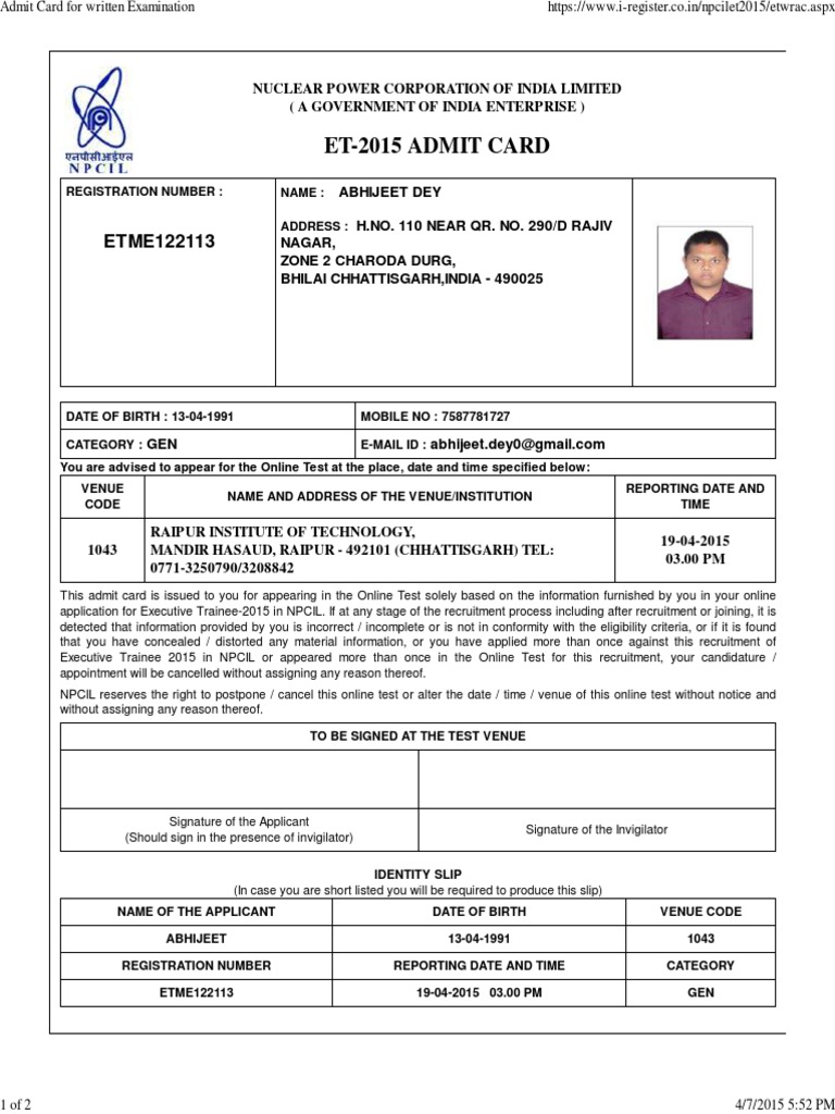 Admit Card For Written Examination | PDF | Identity Document | Government