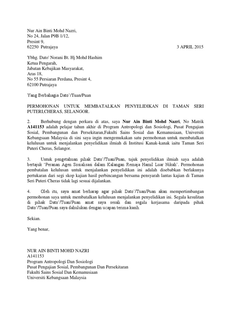 Contoh Surat Permohonan Pembatalan Kajian | PDF