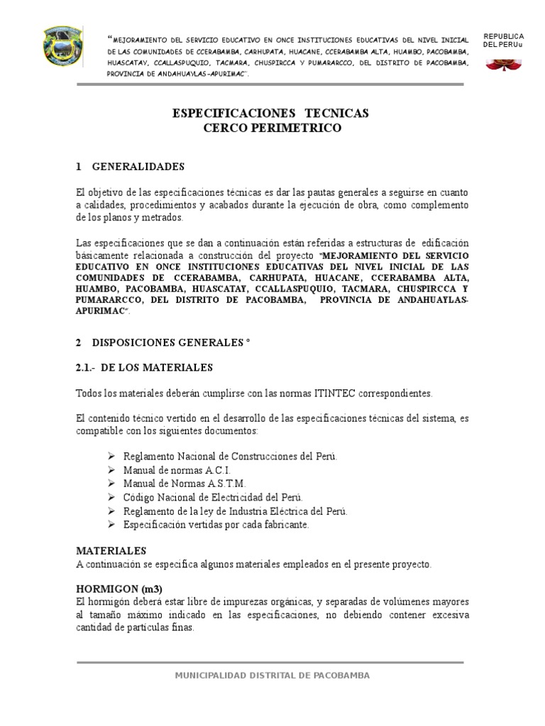 Espec - Tecnicas Cerco Perimetrico Genral | PDF | Hormigón | Cemento