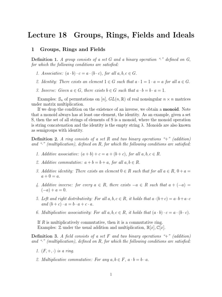Lecture 18 Groups, Rings, Fields and Ideals | PDF | Ring (Mathematics ...