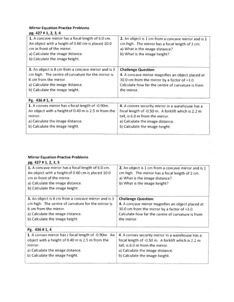 Mirror Equation Problems for Students | PDF | Teaching Methods & Materials