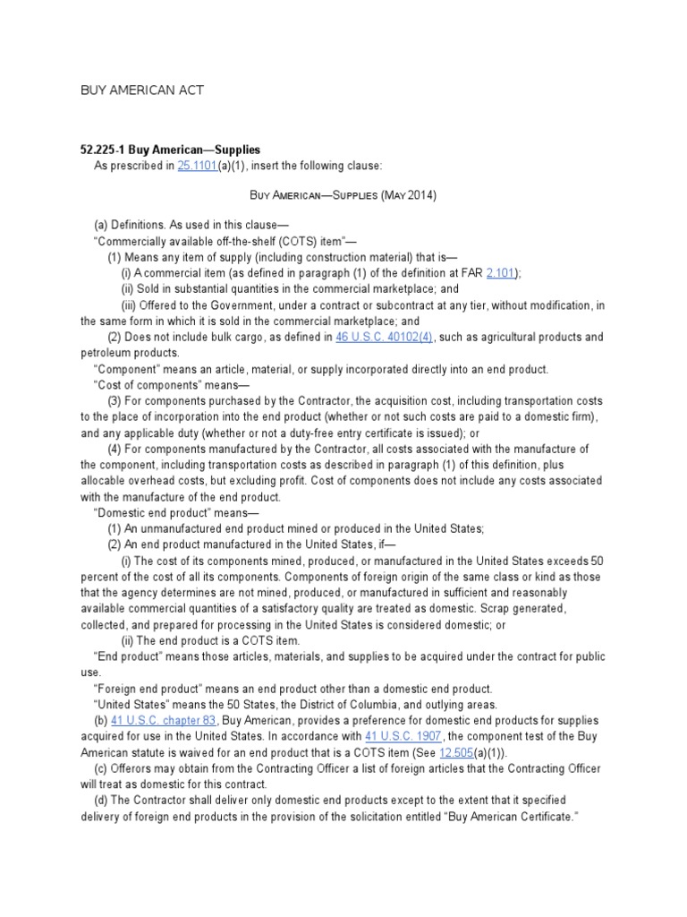 Buy American Act Clauses Overview | PDF | General Contractor | Government