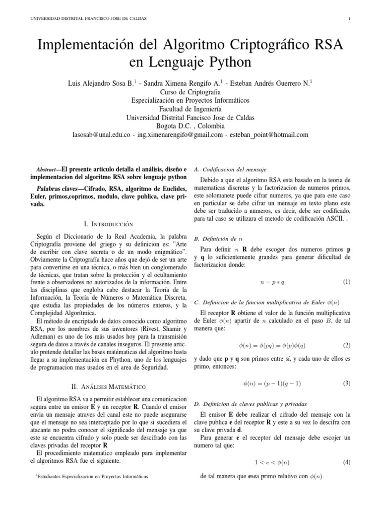 Implementación del algoritmo criptográfico RSA en lenguaje Python | PDF | Número primo ...