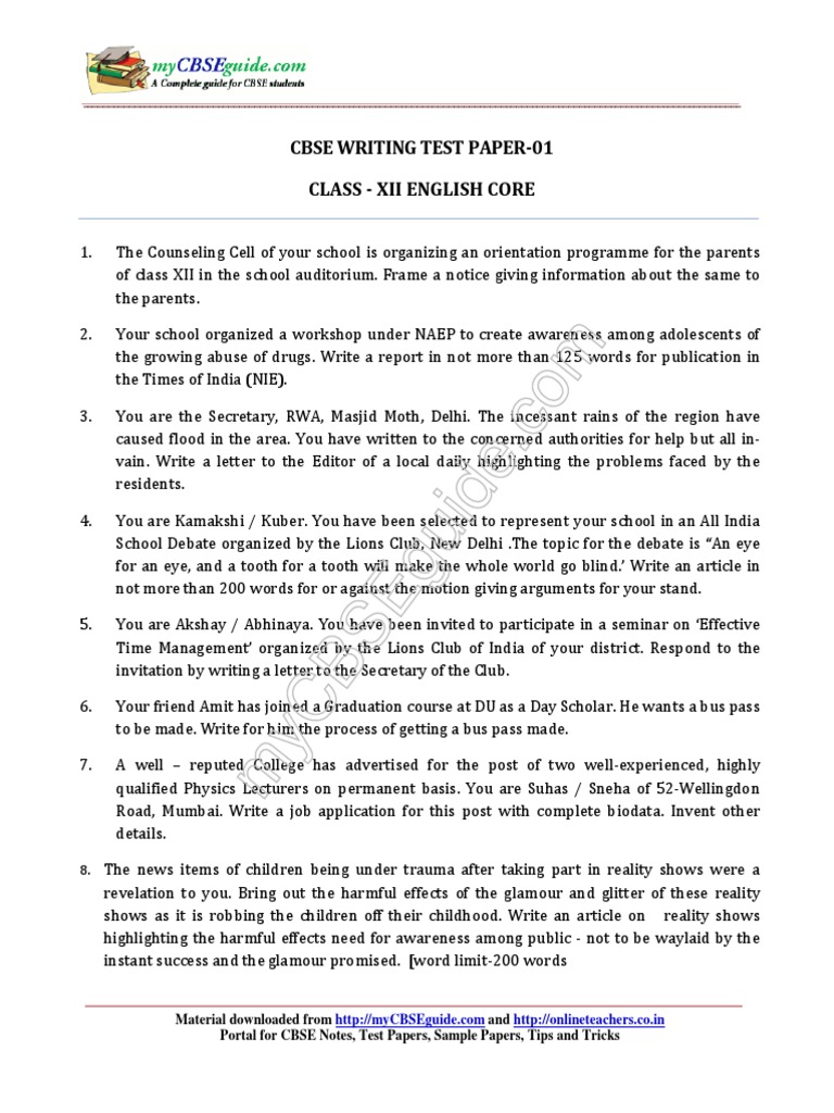 CBSE Class XII English Writing Tasks | PDF | Career & Growth