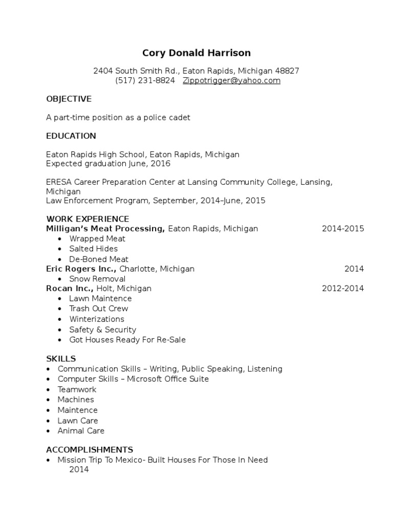 Police Cadet Resume of Cory Harrison | PDF | Career & Growth