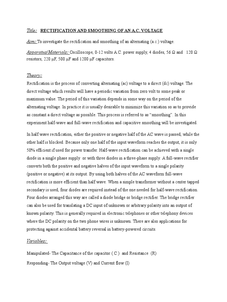 Physics Lab - Rectification and Smoothing of An A.C. Voltage | PDF | Rectifier | Capacitor