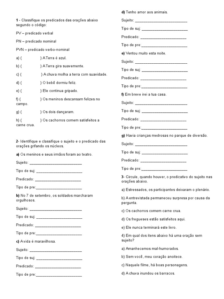 Exercicios Tipos de Predicado | PDF