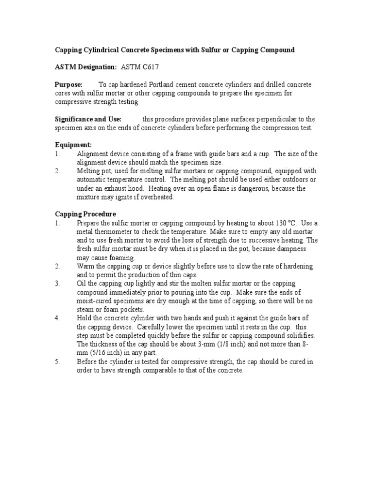 Capping Cylindrical Concrete Specimens With Sulfur or Capping Compound ...