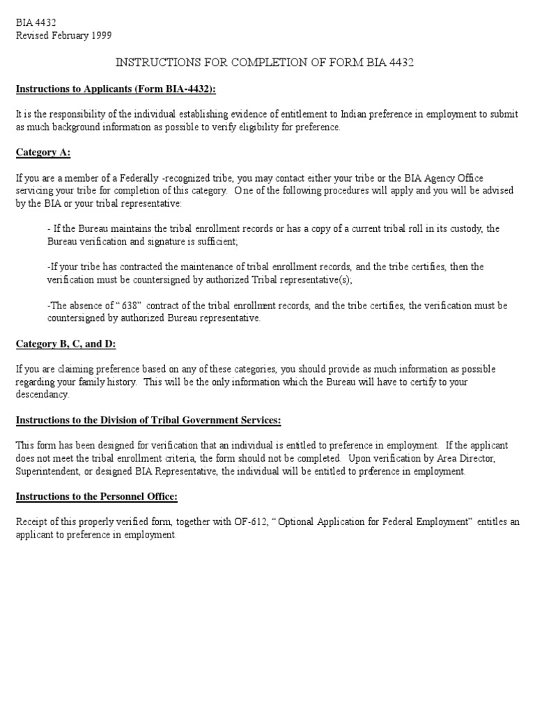 Form BIA 4432 | Bureau Of Indian Affairs | Indian Reservation