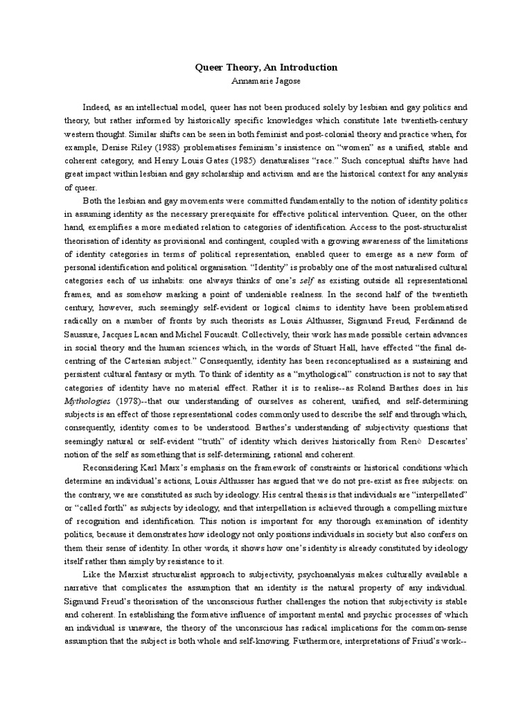 Queer Theory An Introduction. JAGOSE | PDF | Discourse | Queer Theory