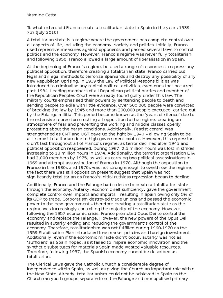 To What Extent Did Franco Create A Totalitarian State in Spain in The ...