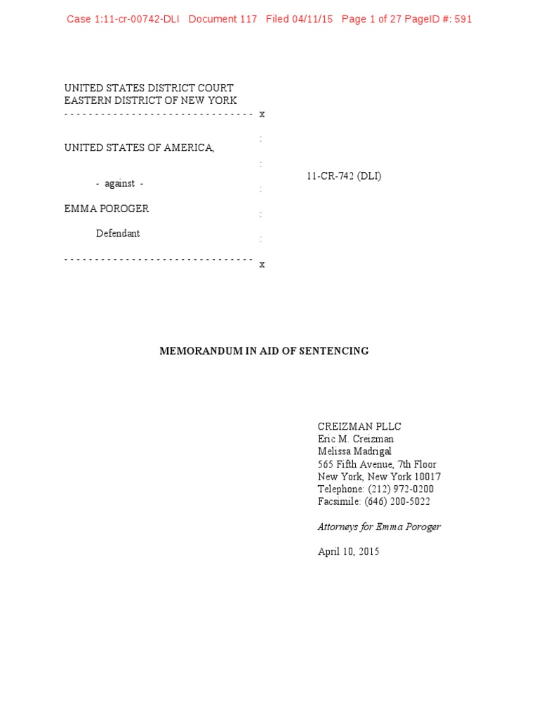 Emma Poroger Sentencing Memo | PDF | United States Federal Sentencing ...