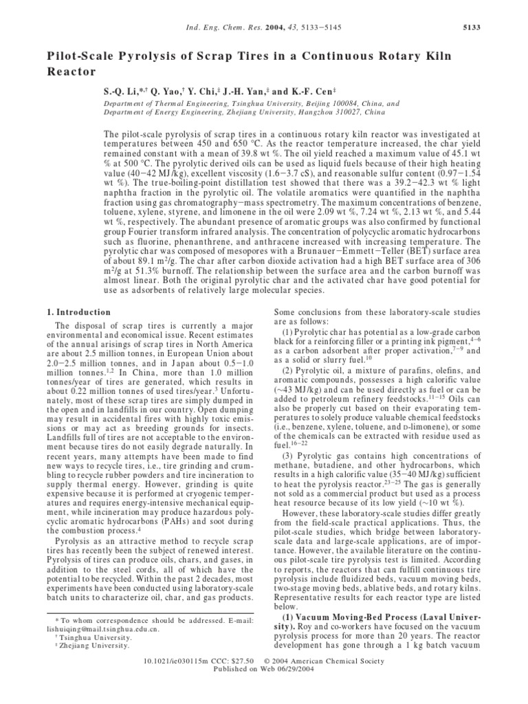 Pilot-Scale Pyrolysis of Scrap Tires in A Continuous Rotary Kiln ...