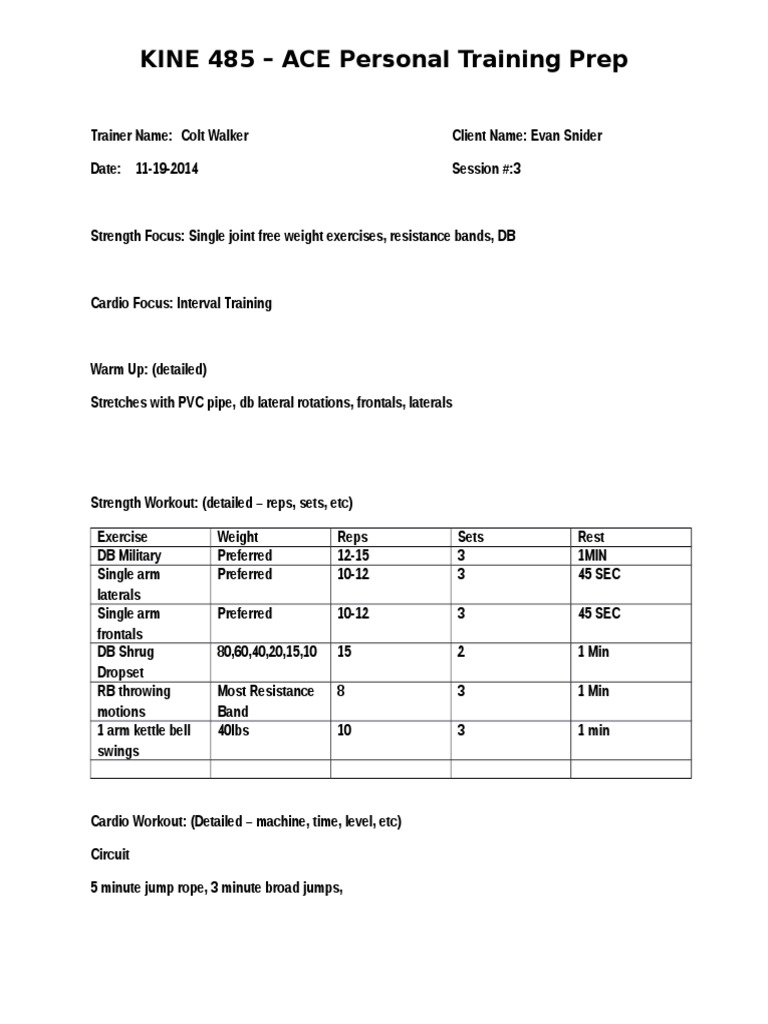 KINE 485 Personal Training Session Plan | PDF