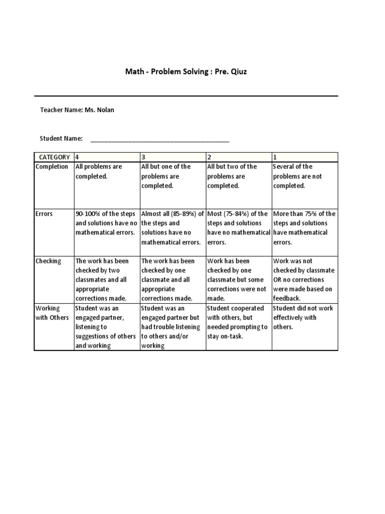 Math Problem Solving Assessment Rubric | PDF | Career & Growth