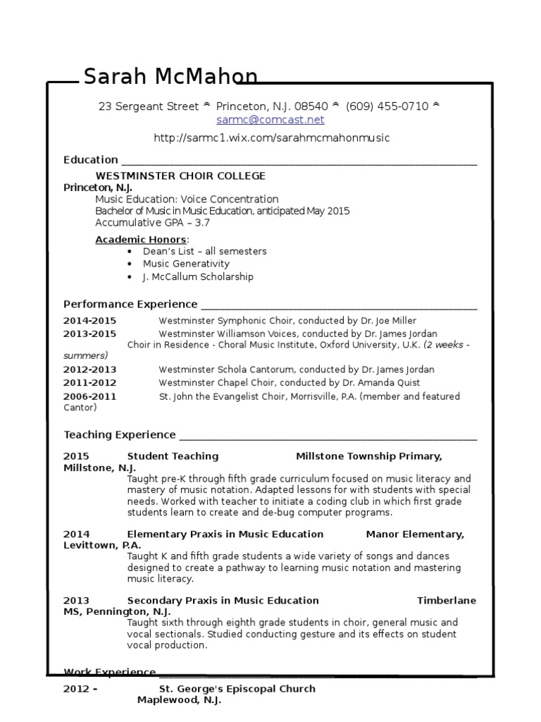 Sarah Resume | Choir | Music Education