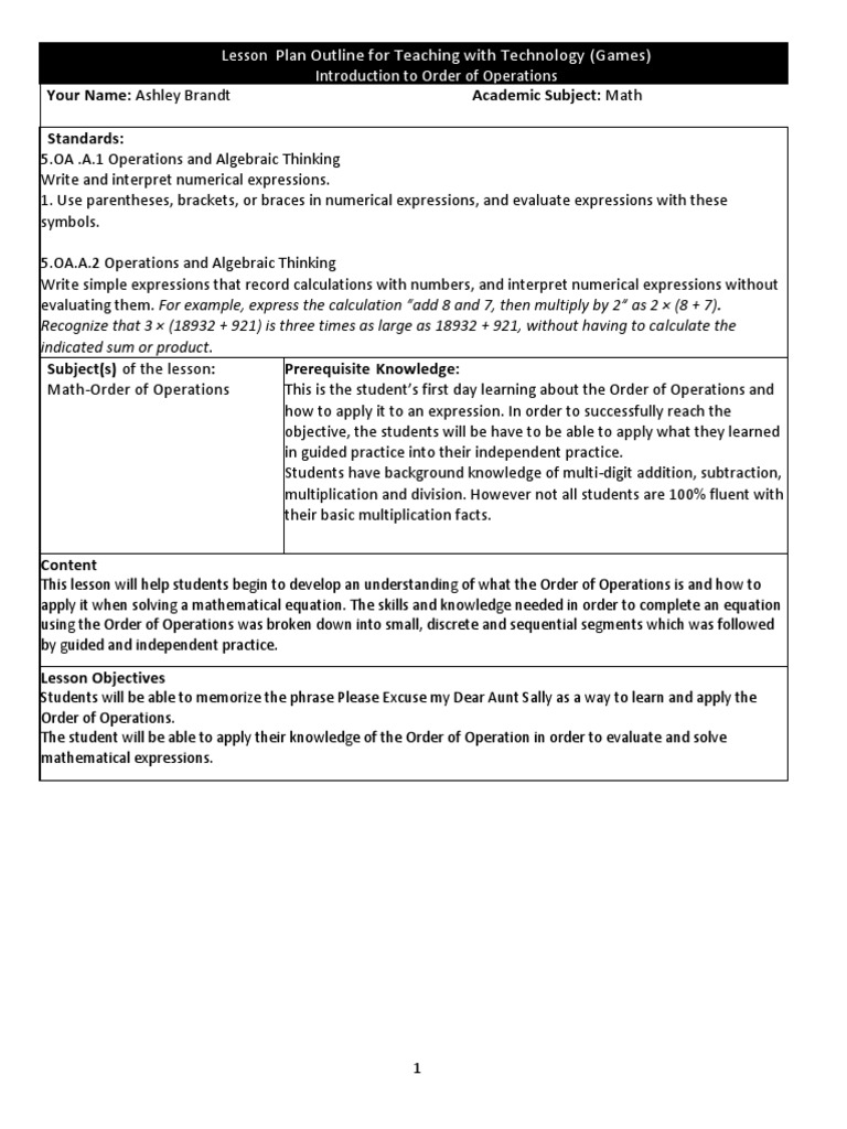 Lesson Plan-Lesson One | PDF | Teaching Mathematics | Learning