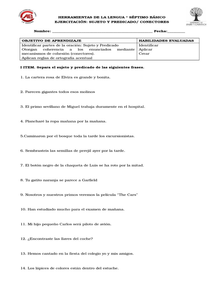 Ejercicios de Sujeto y Predicado | PDF