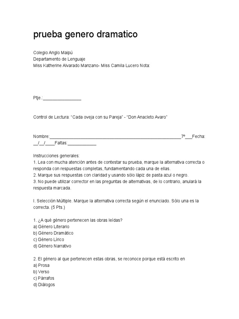 Prueba Genero Dramatico | PDF | Comedia