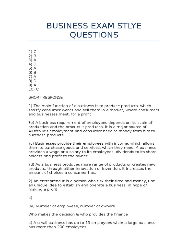 IGCSE Business Exam Style Questions | PDF | Partnership | Sole ...